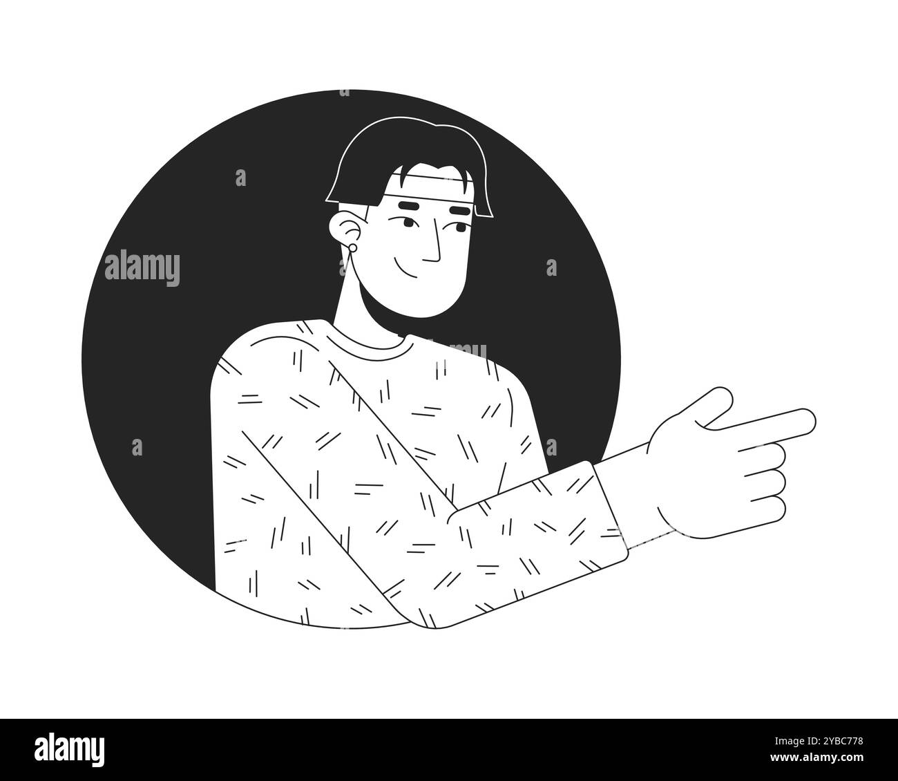 Finger pointing asian man in circle frame black and white 2D line ...