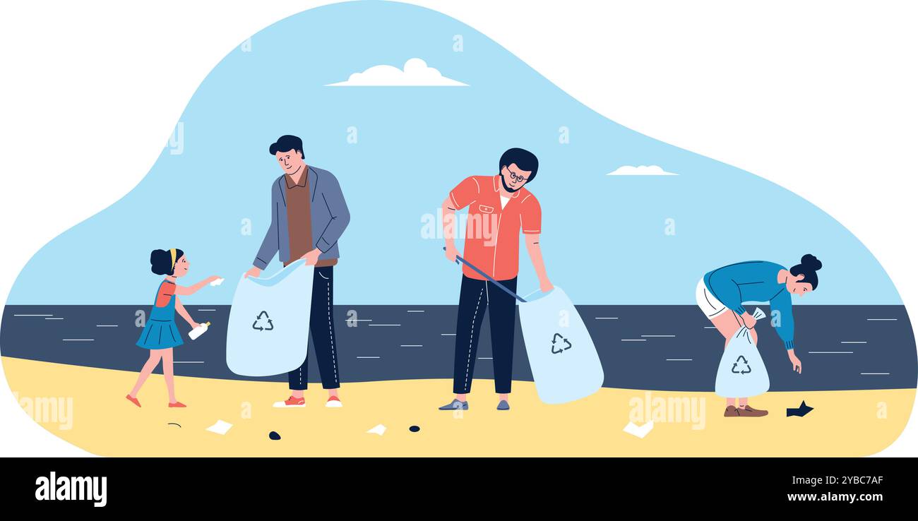 A group of people are cleaning up trash on a beach Stock Vector Image ...