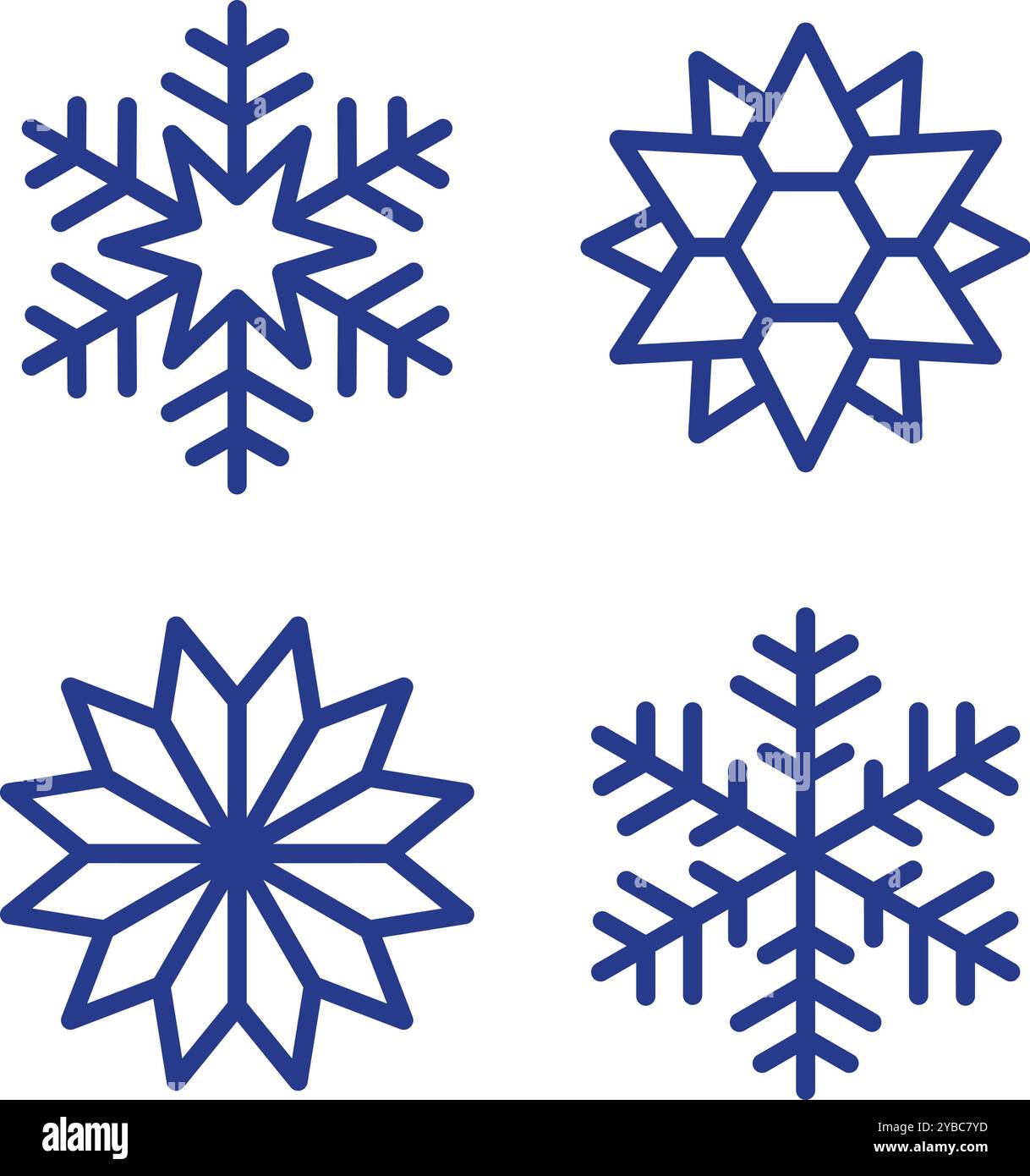 Four snowflakes are shown in a blue color. The snowflakes are all ...