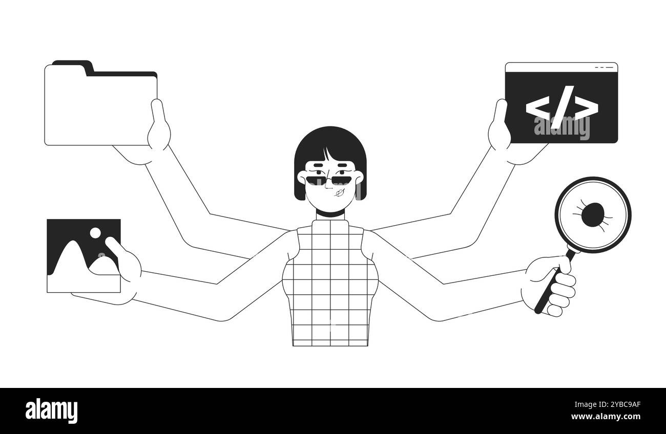 Multitasking woman programmer black and white 2D line character Stock ...