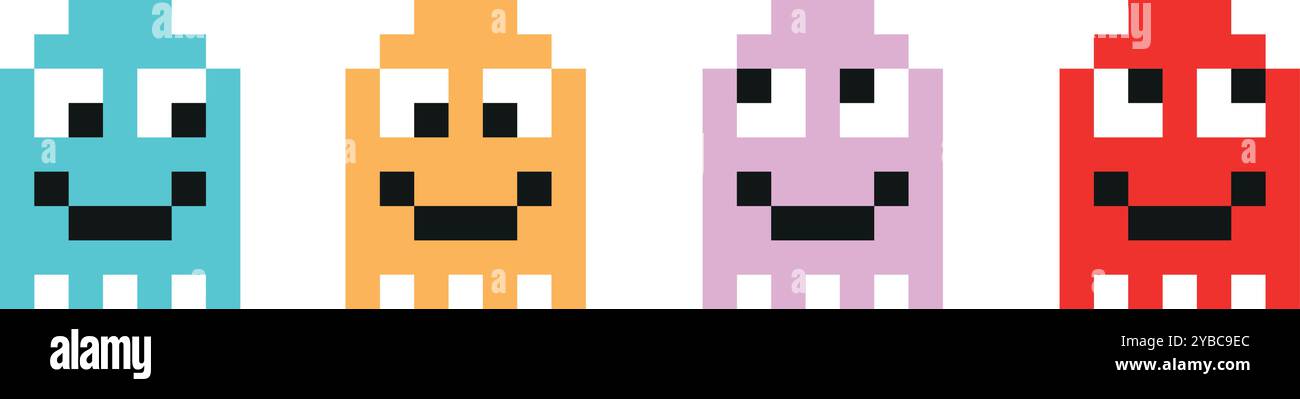 Four different colored Pac-Man characters with smiling faces Stock ...