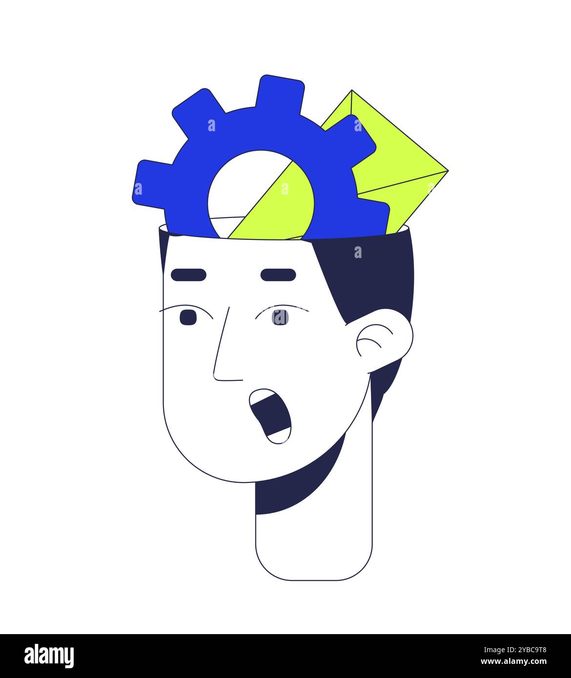 Gear envelope inside head overload man open mouth 2D linear vector ...