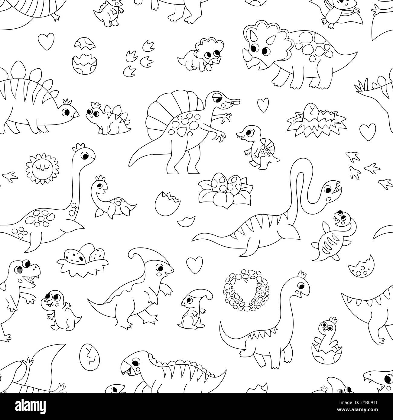 Vector black and white dinosaur moms and babies seamless pattern. Line ...
