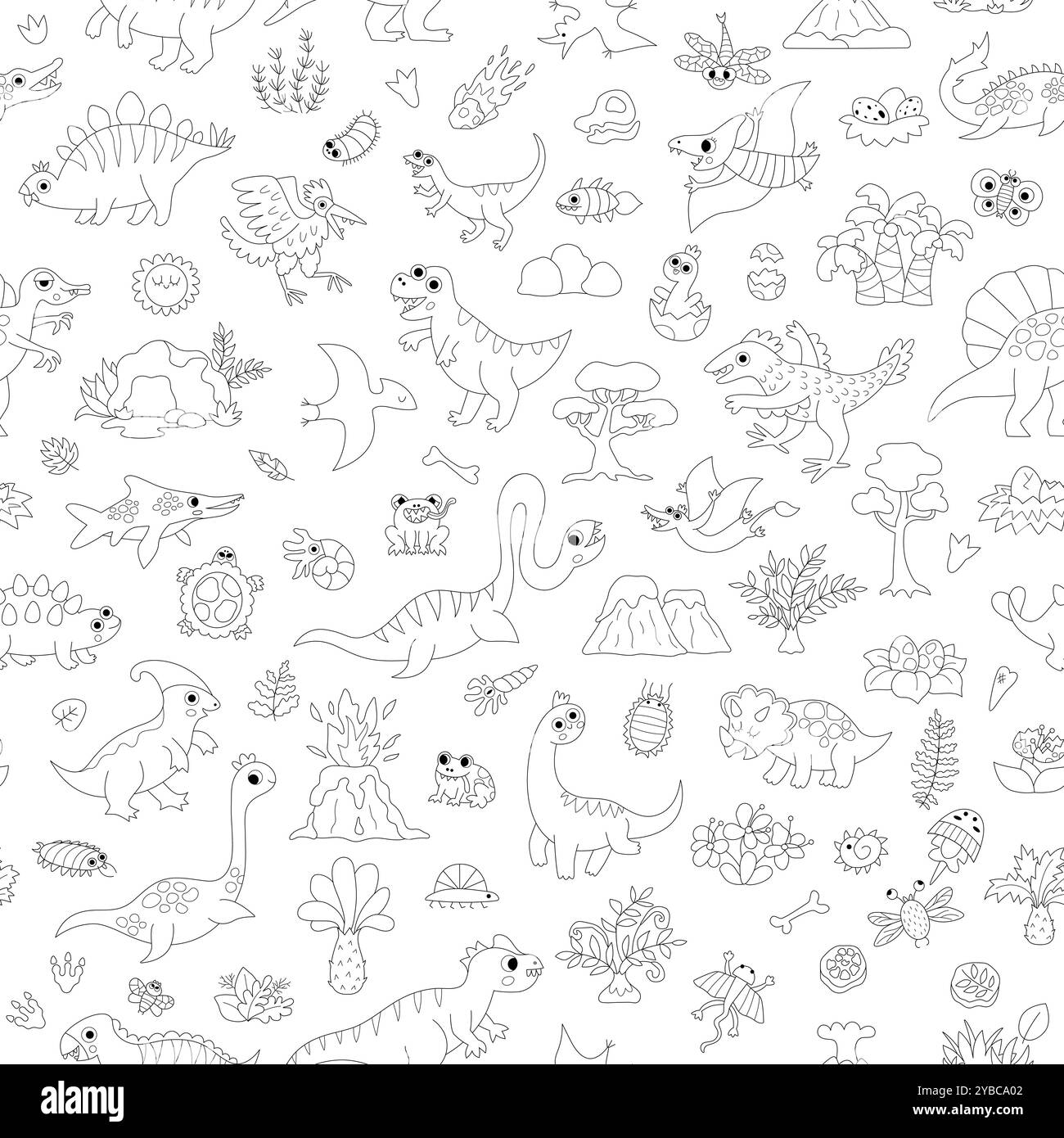 Vector black and white dinosaur seamless pattern. Line prehistoric ...