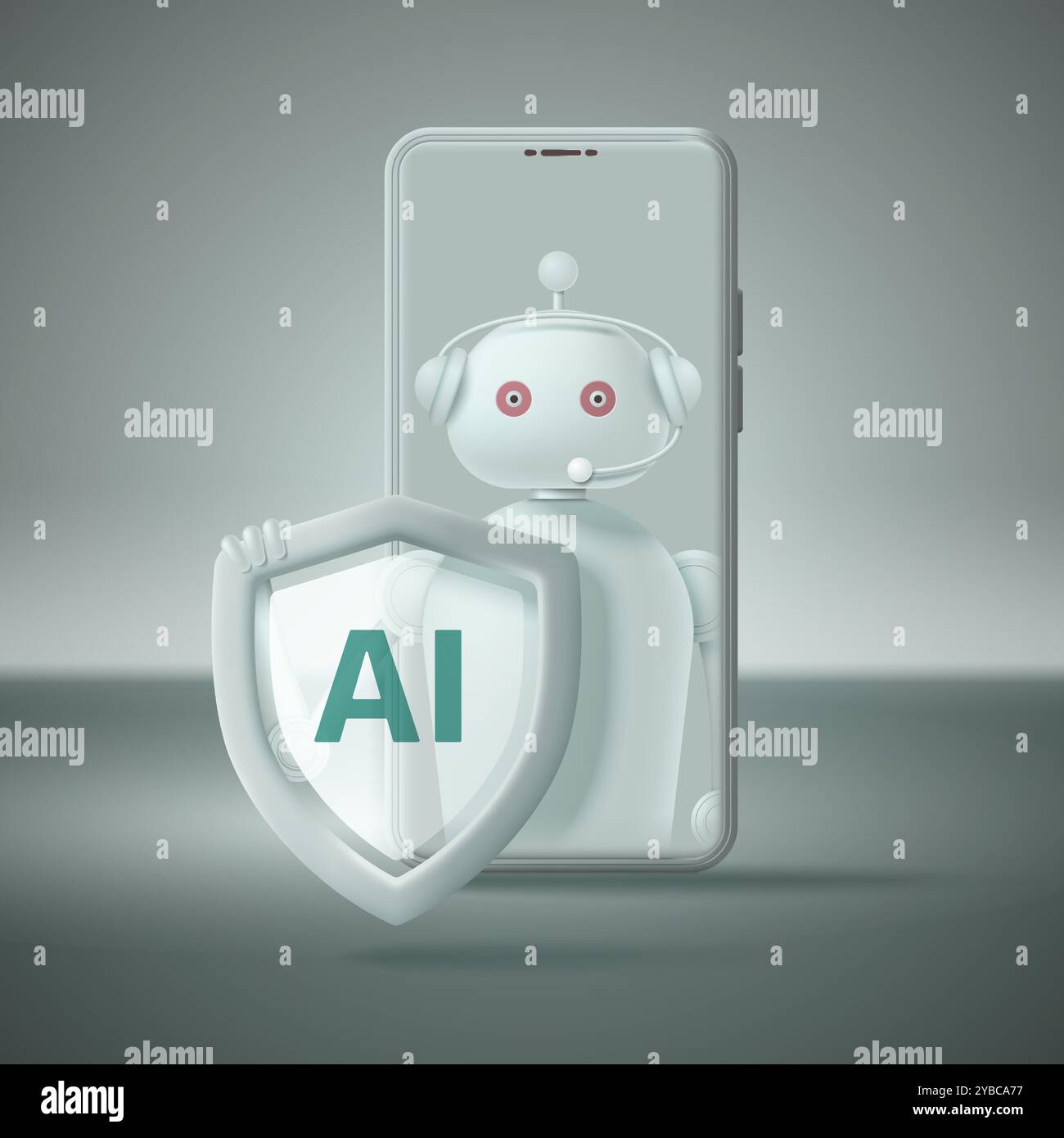 Artificial intelligence robot with shield on smartphone background for cyber security and data ...