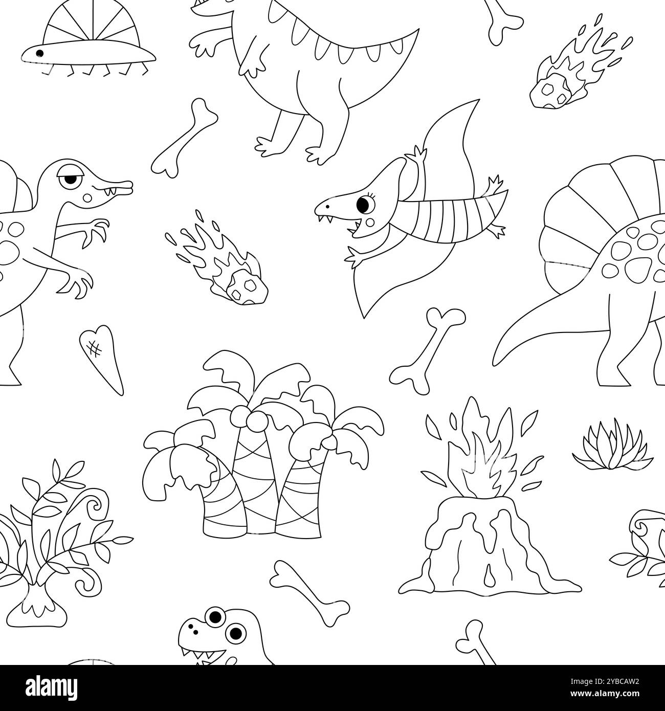 Vector black and white dinosaur seamless pattern. Line prehistoric ...