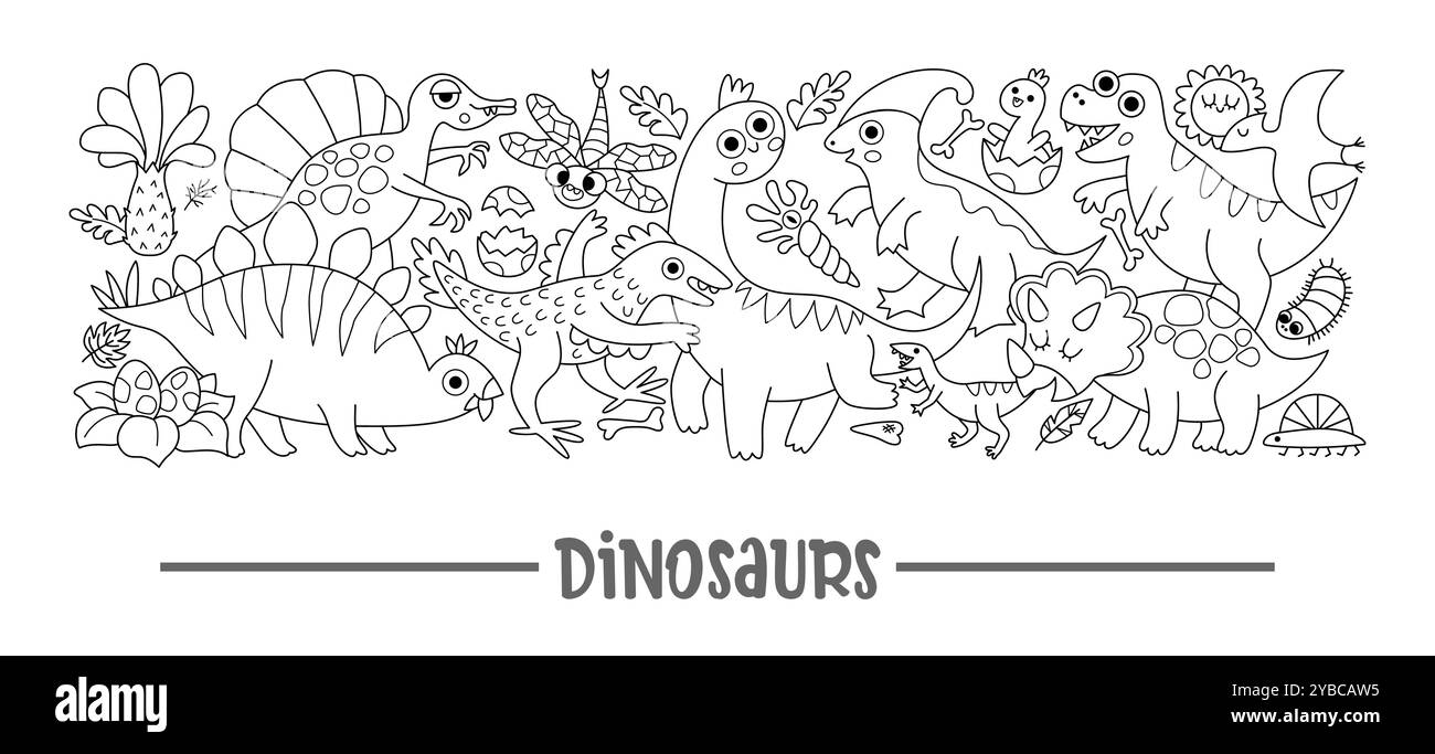 Vector black and white horizontal dinosaur border set. Prehistoric line ...