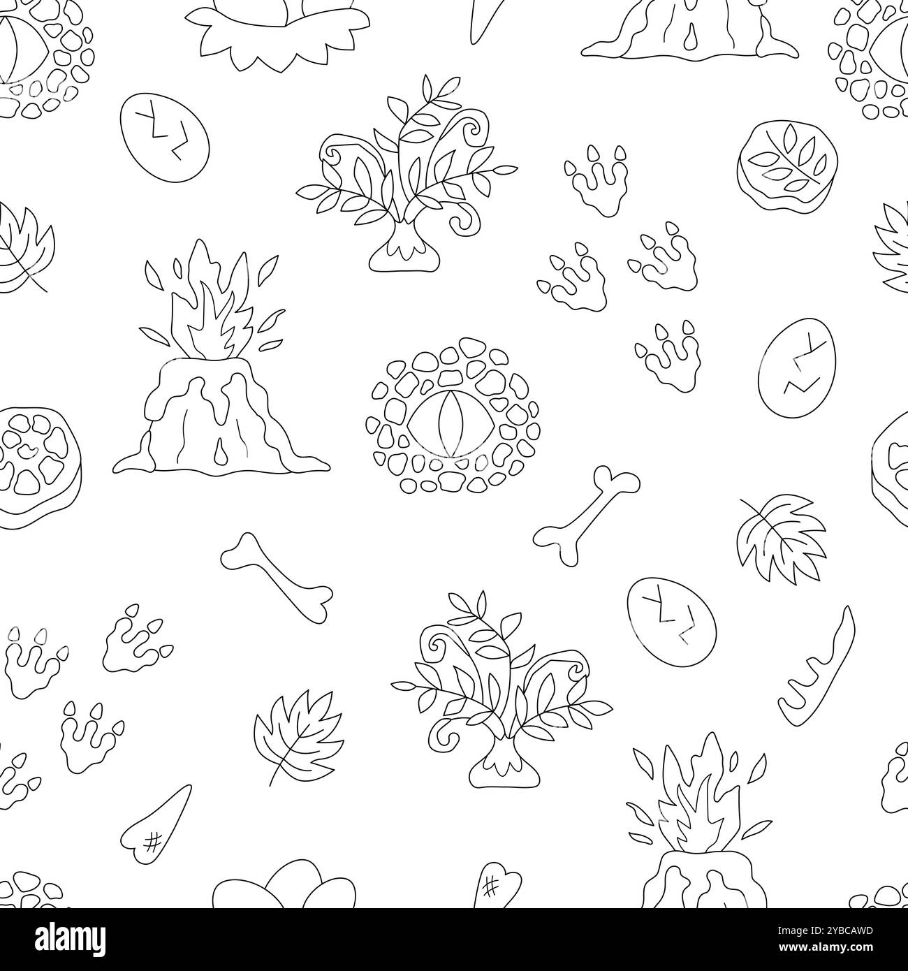 Vector black and white dinosaur seamless pattern. Line prehistoric ...