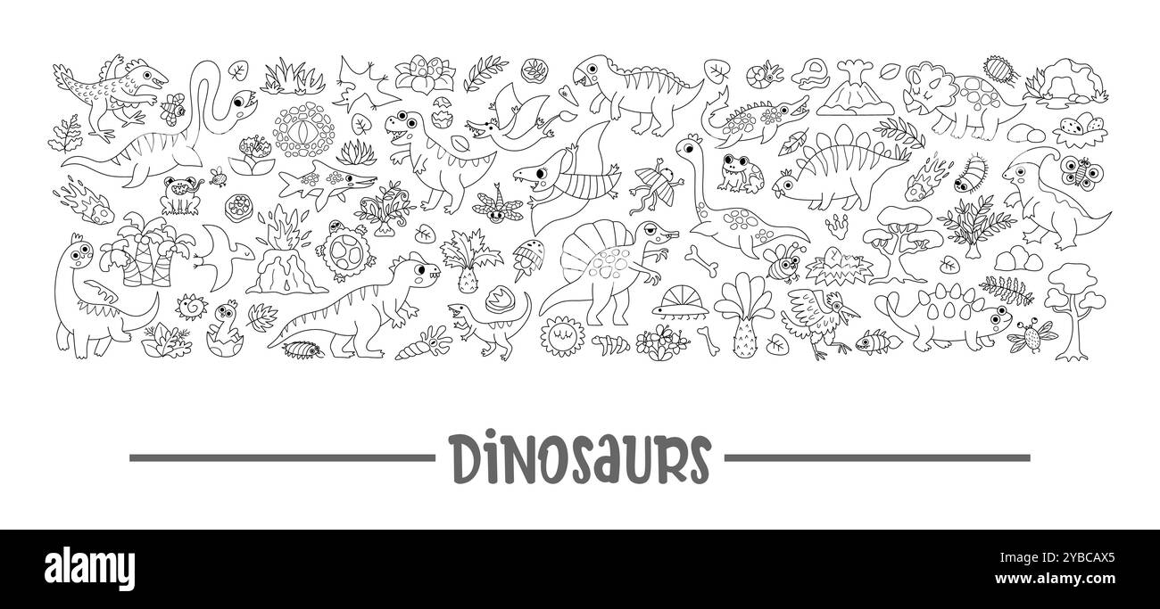 Vector black and white dinosaur horizontal set with Pterodactyl ...