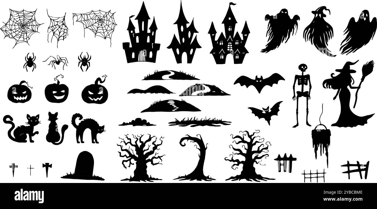Different Halloween silhouette elements. Black and white shapes ...