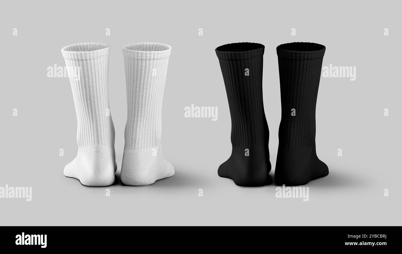 Mockup of white, black long socks, 3D rendering, back view, isolated on ...