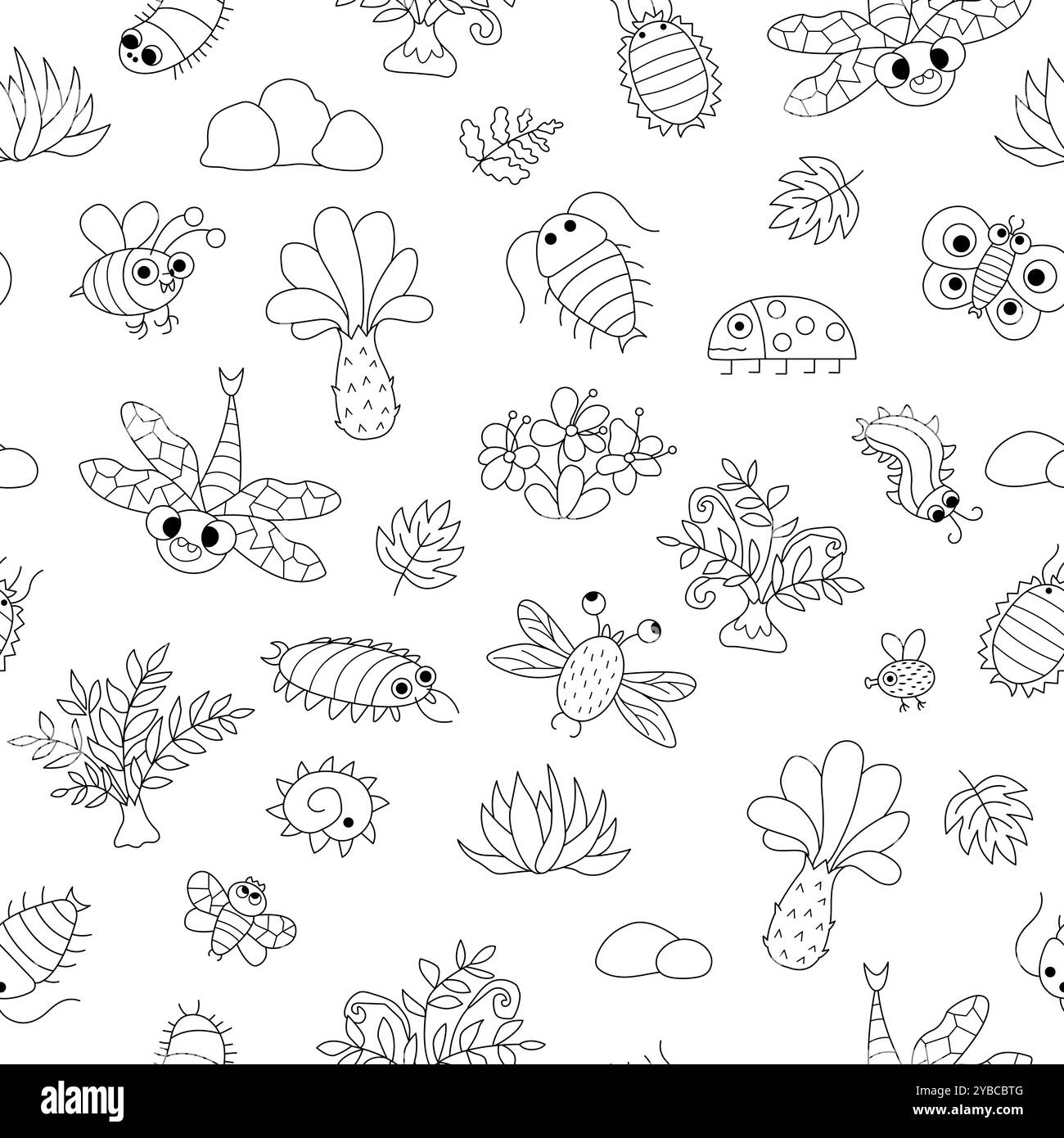 Vector black and white ancient insects seamless pattern. Line ...