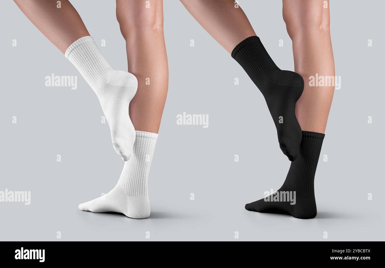 Mockup of white, black high socks on women's legs, stretched feet, side ...