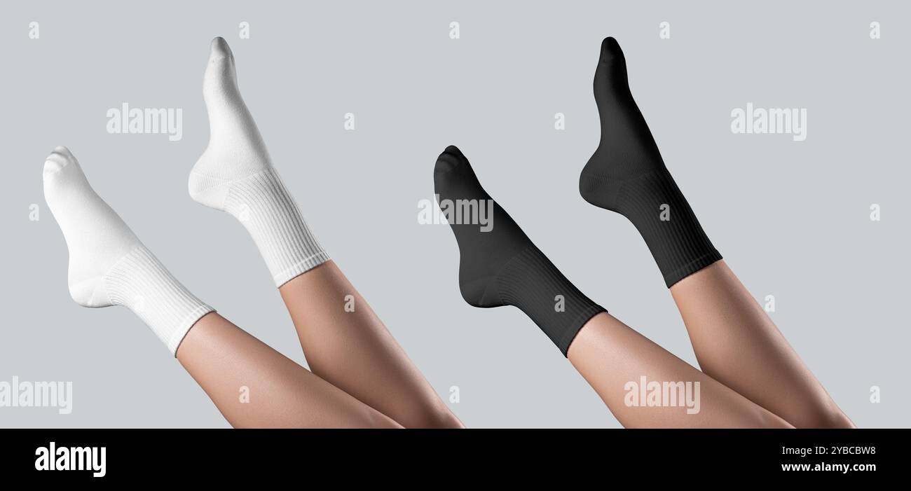 Template of white, black high gaiters on female legs upside down, diagonal presentation, side ...