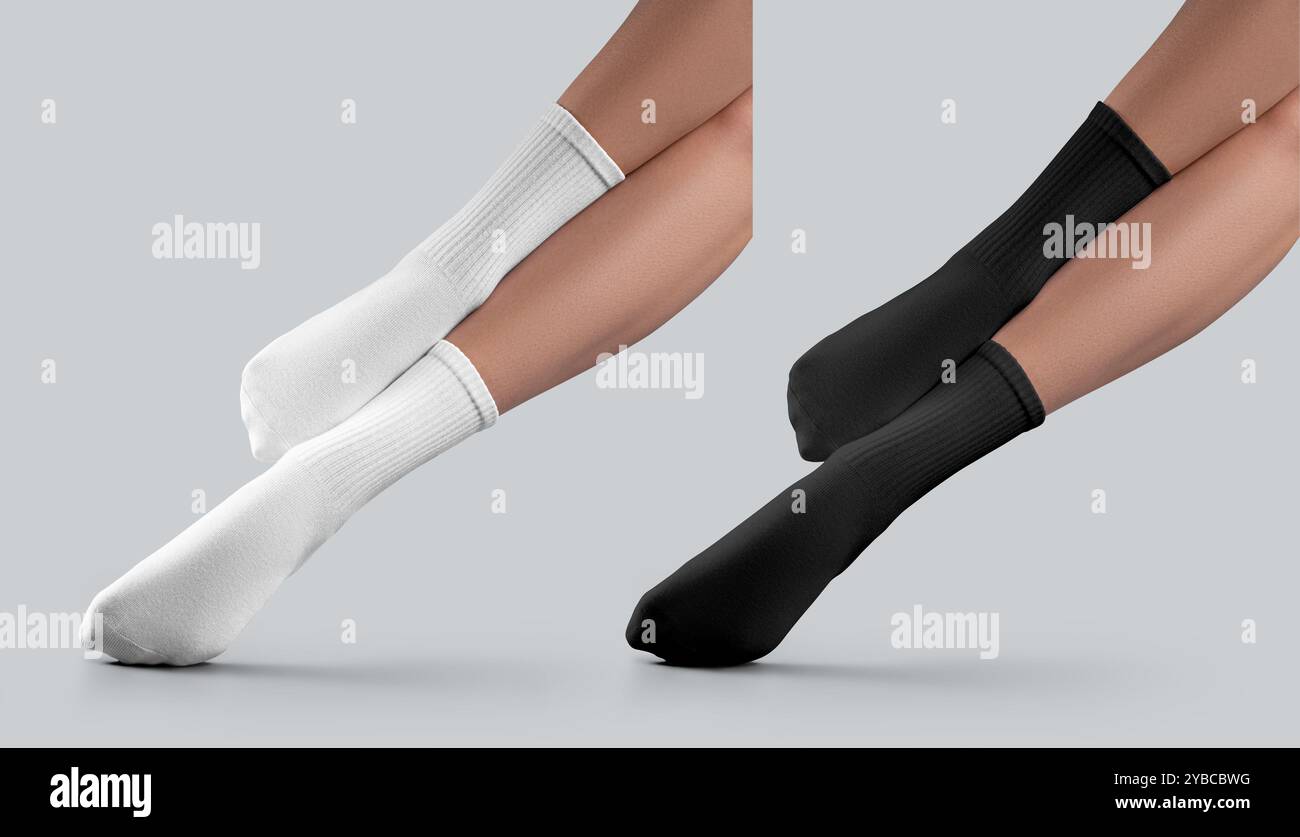 Mockup of black, white long socks on a woman with stretched feet, front ...