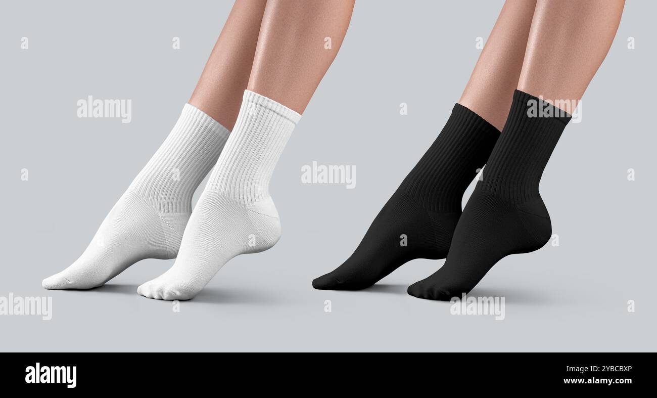 Mockup of black, white long socks with elastic band on woman with ...