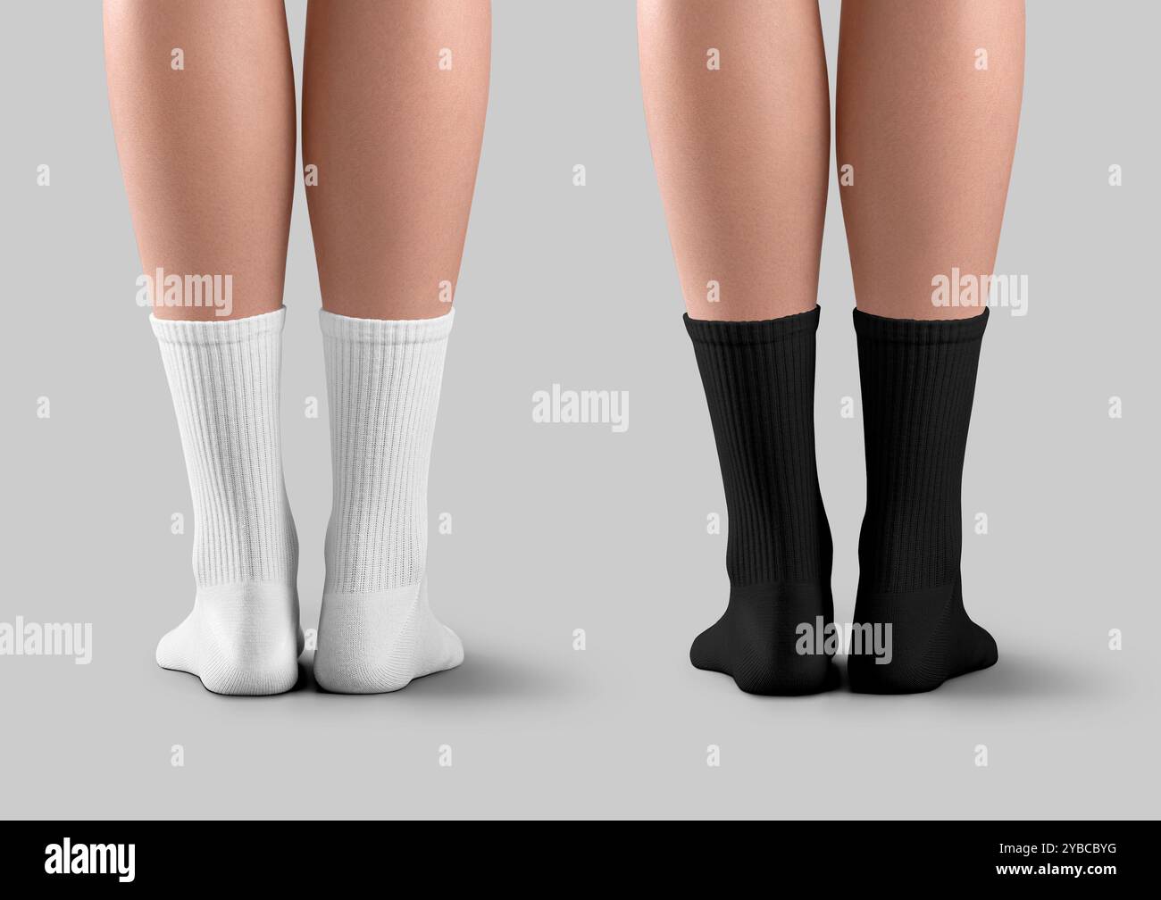 Mockup of black, white long socks with elastic band on slim female legs ...