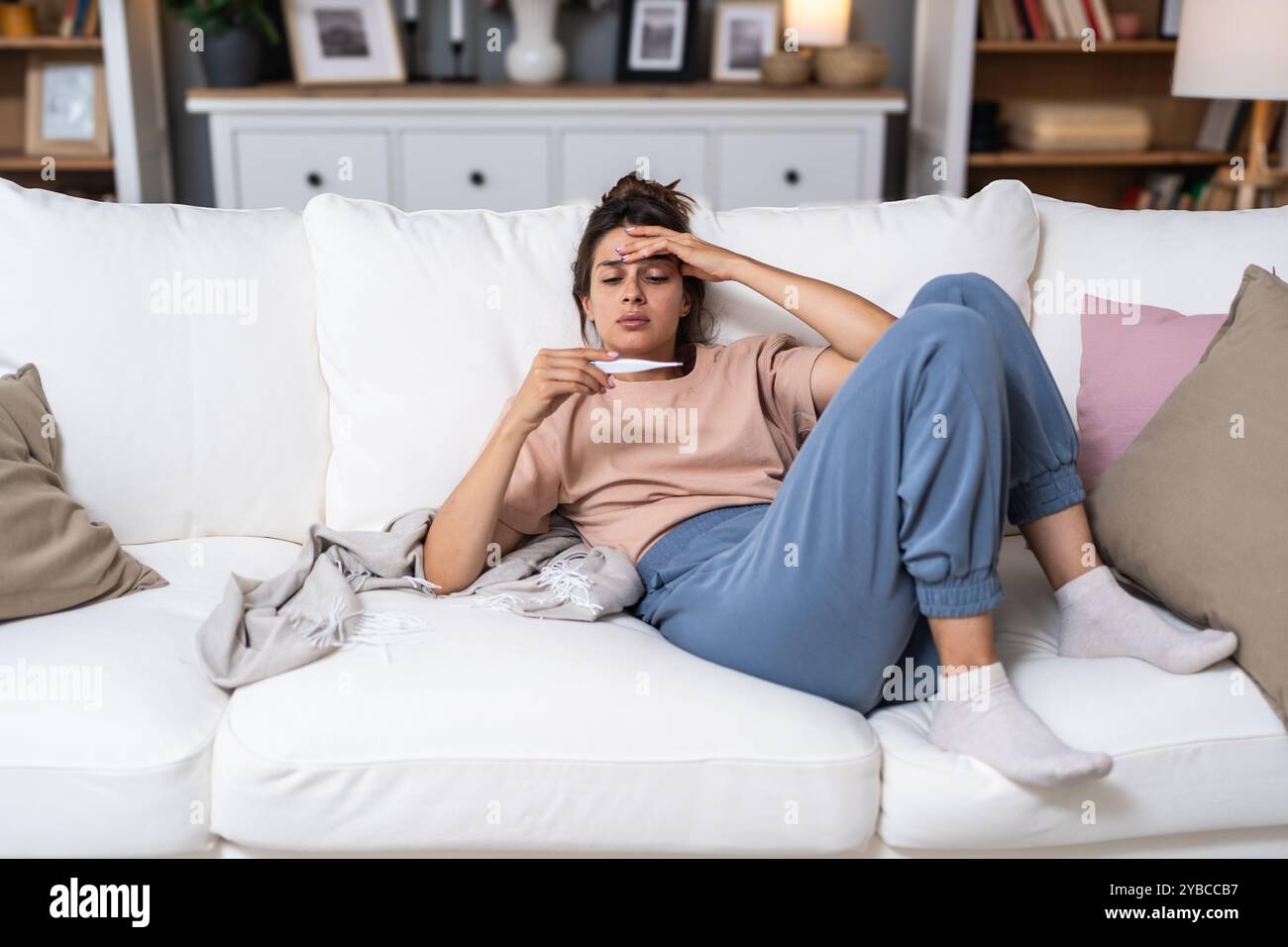 Sickness seasonal virus problem concept. Woman being sick having flu ...