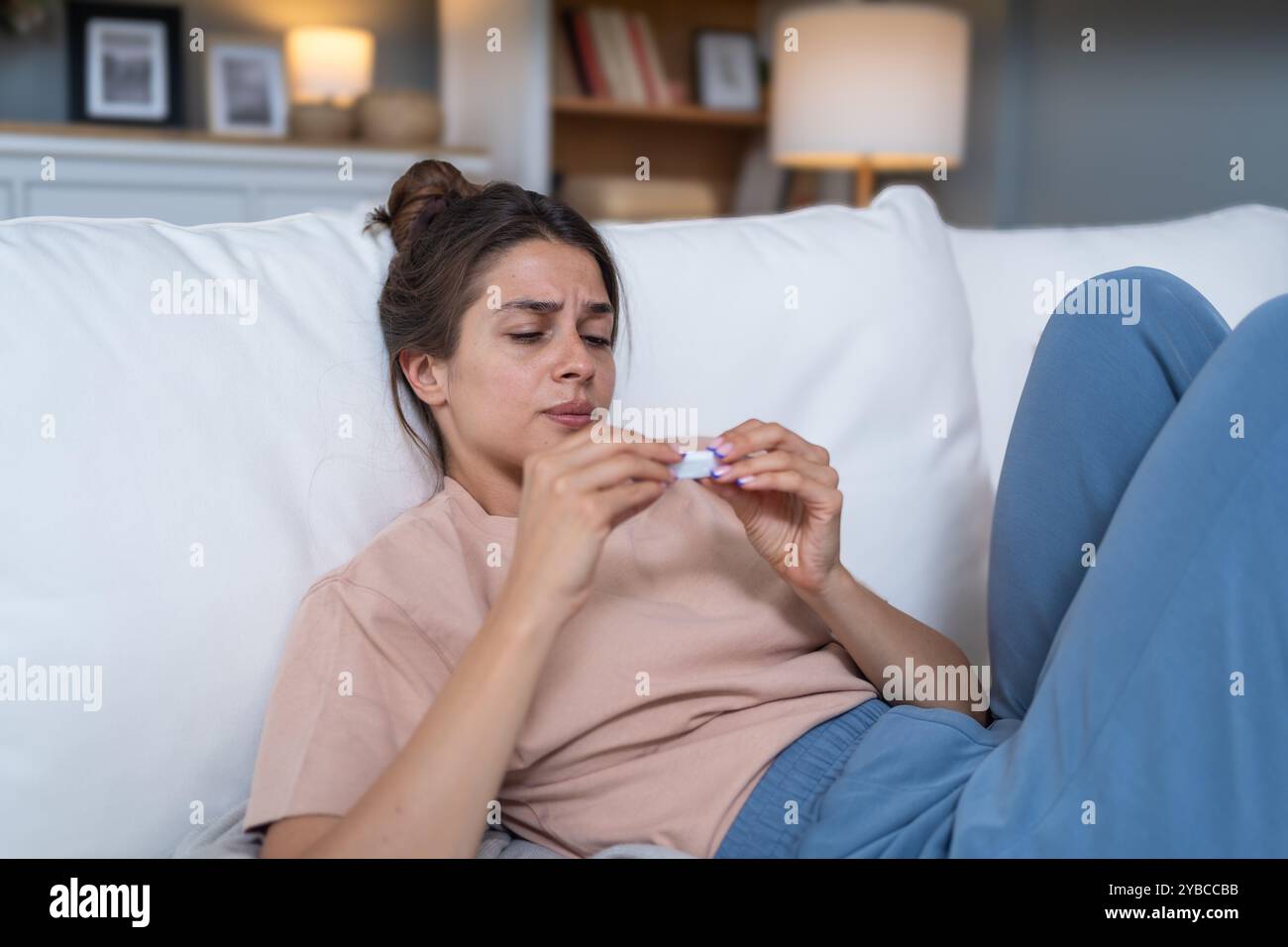 Sickness seasonal virus problem concept. Woman being sick having flu ...