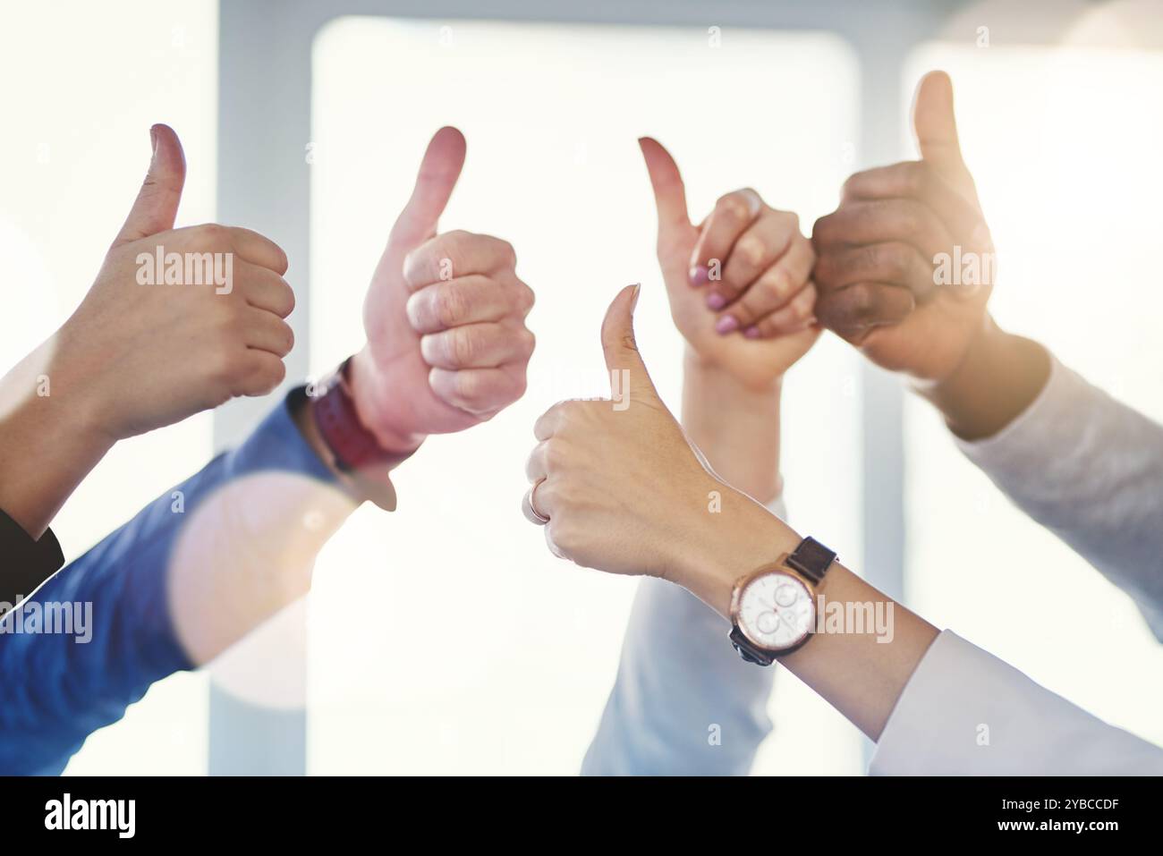 Business people, hands and thumbs up in office for support, good job or ...
