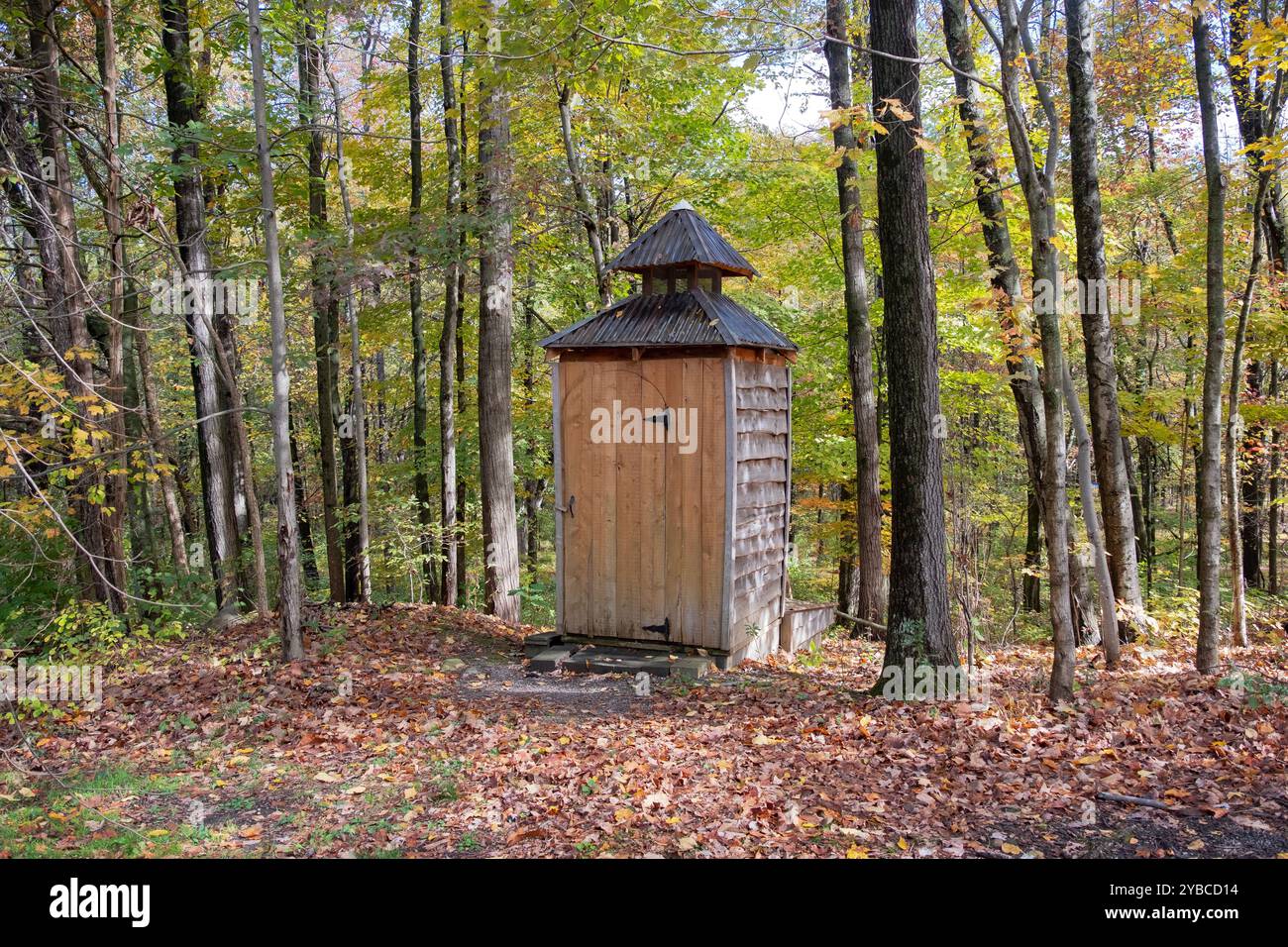 An outhouse in the woods at the Stone Martin Farm in the suburbs of New ...