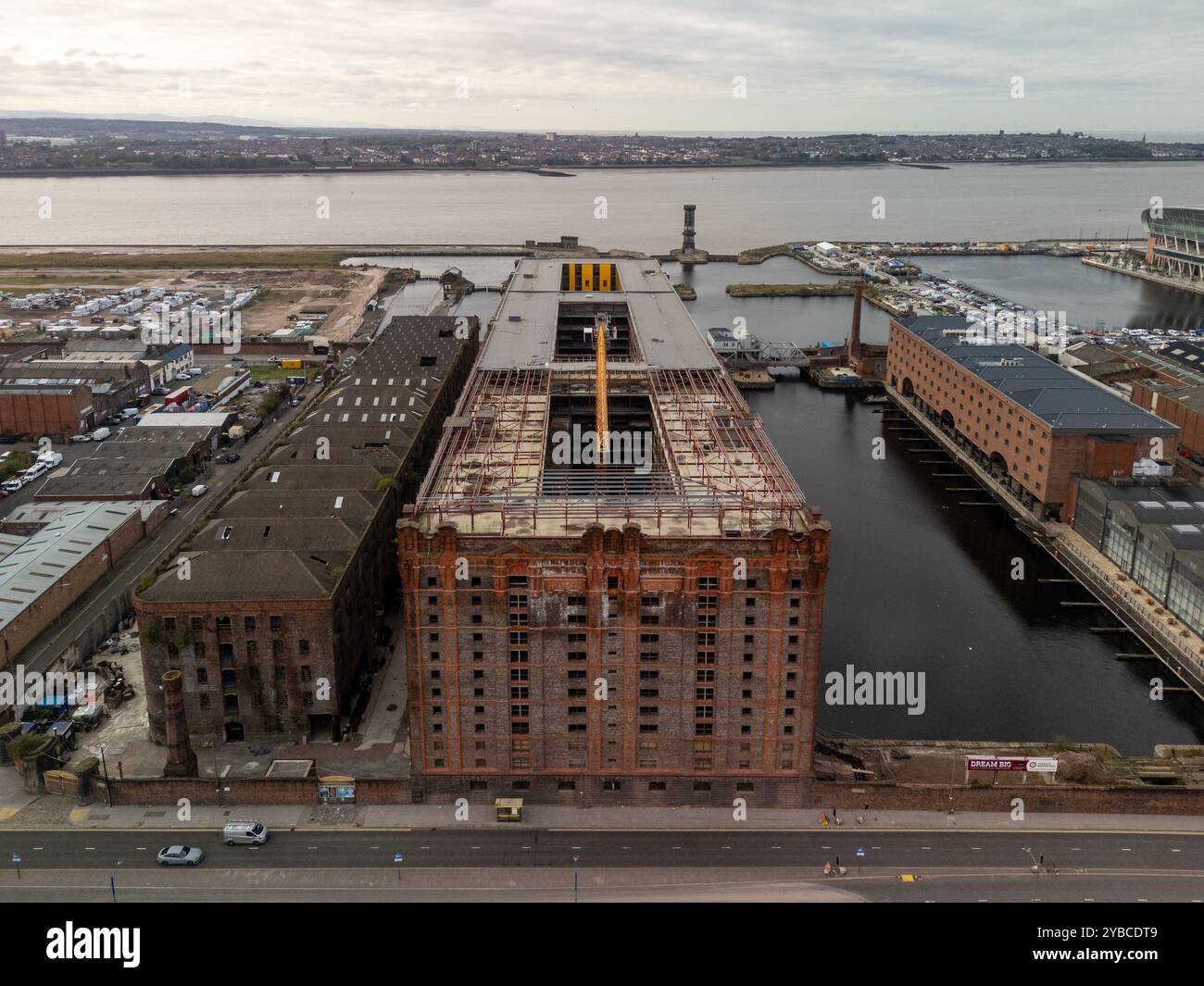 Aerial view of a construction site transforming a former warehouse in ...