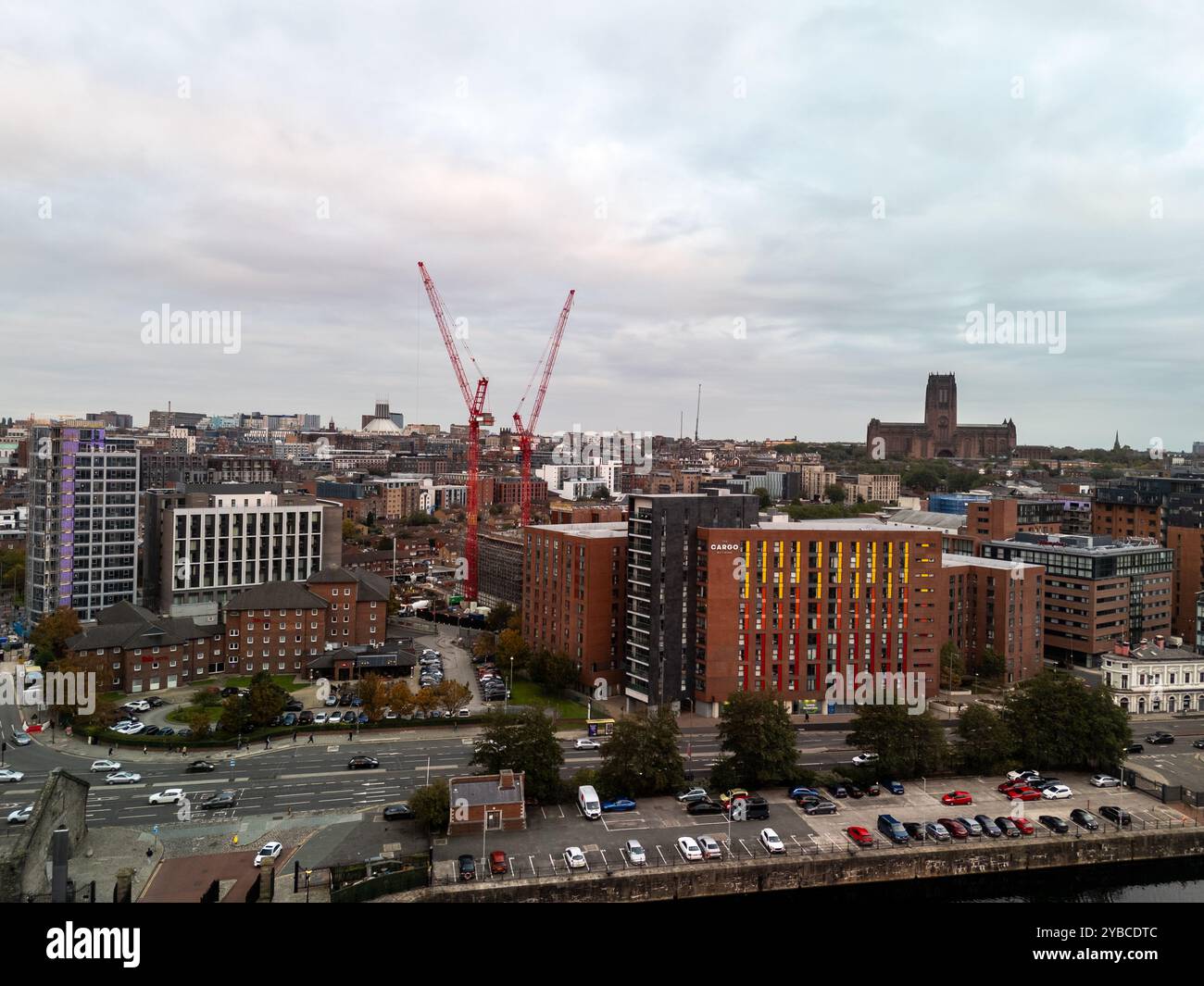 Cityscape of liverpool featuring construction cranes, modern buildings ...