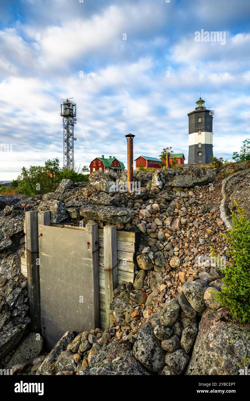An old bunker, lighthouse and watchtower at Norrskär island, Mustasaari ...