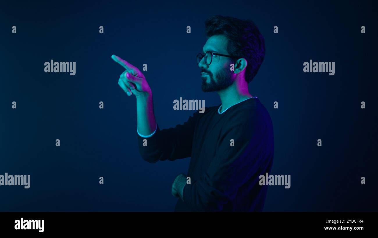 Infographic hologram backdrop template ultraviolet neon background pensive man hi-tech ...