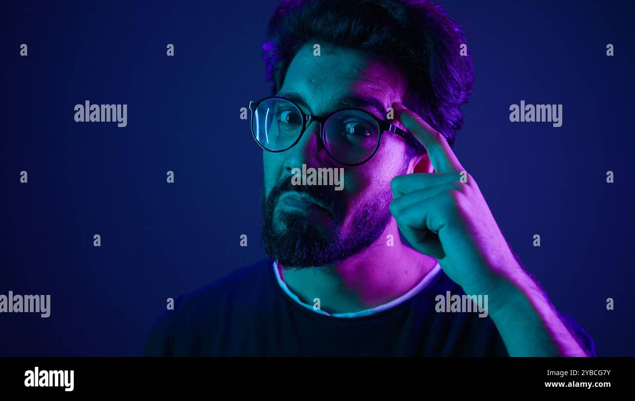 Indian Man Developer Coding Worker Computer Smart Clever Hacker In Glasses Neon Ultraviolet