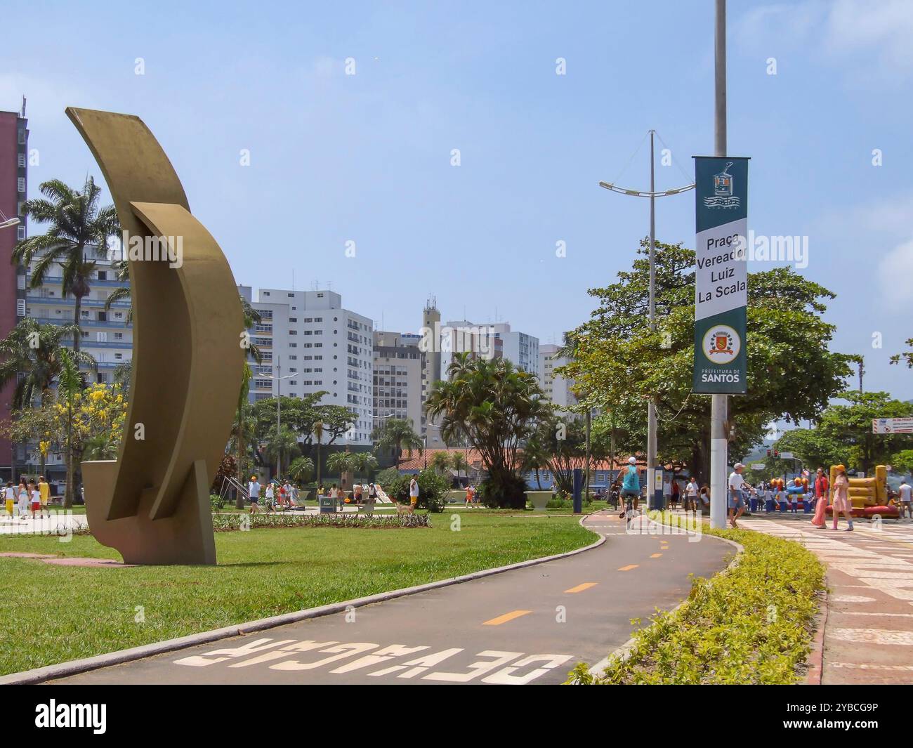 Santos city, Brazil. Councilman Luiz La Scala Square. Cycle path ...