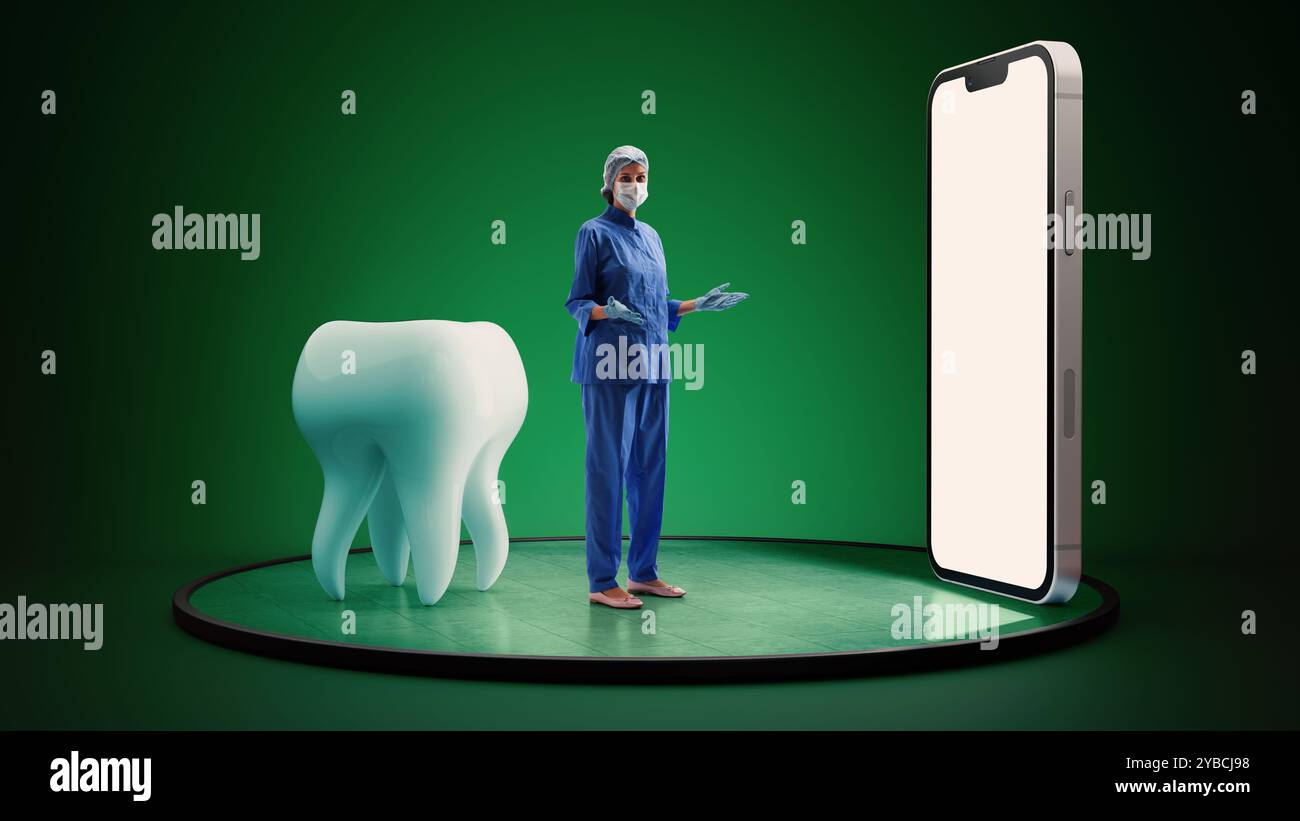 Dentist standing beside large tooth model, preparing for procedure ...