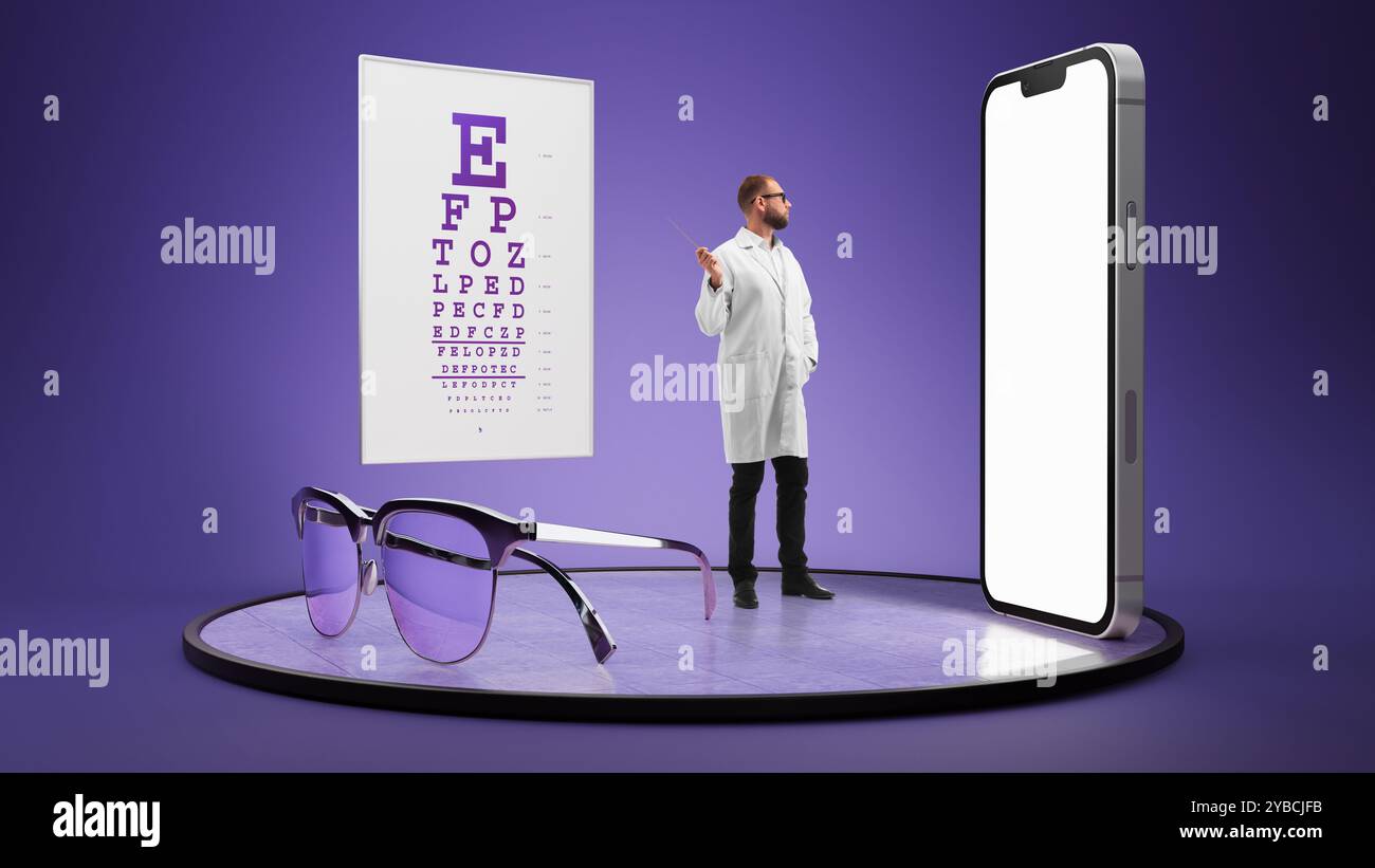 Optometrist pointing to vision chart, with glasses prominently ...