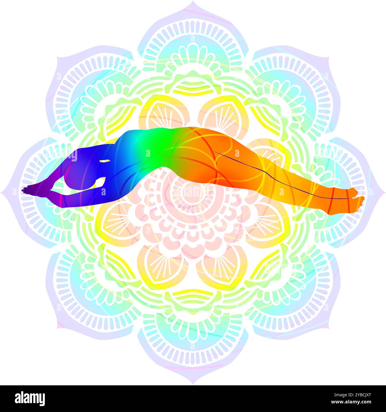 Colorful silhouette of woman practicing Supta Nitambasana yoga pose ...
