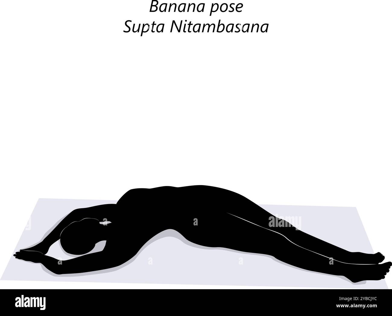 Silhouette of woman practicing Supta Nitambasana yoga pose. Banana pose or Supine Half Moon pose ...