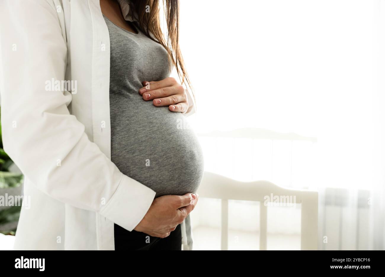Mid-section portrait of pregnant woman or lady holding her baby bump or ...