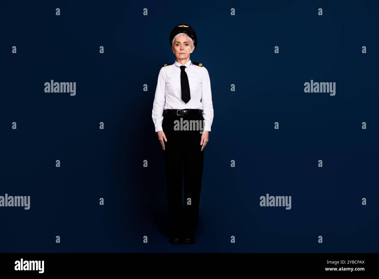 Full body photo of attractive senior woman passenger plane captain ...
