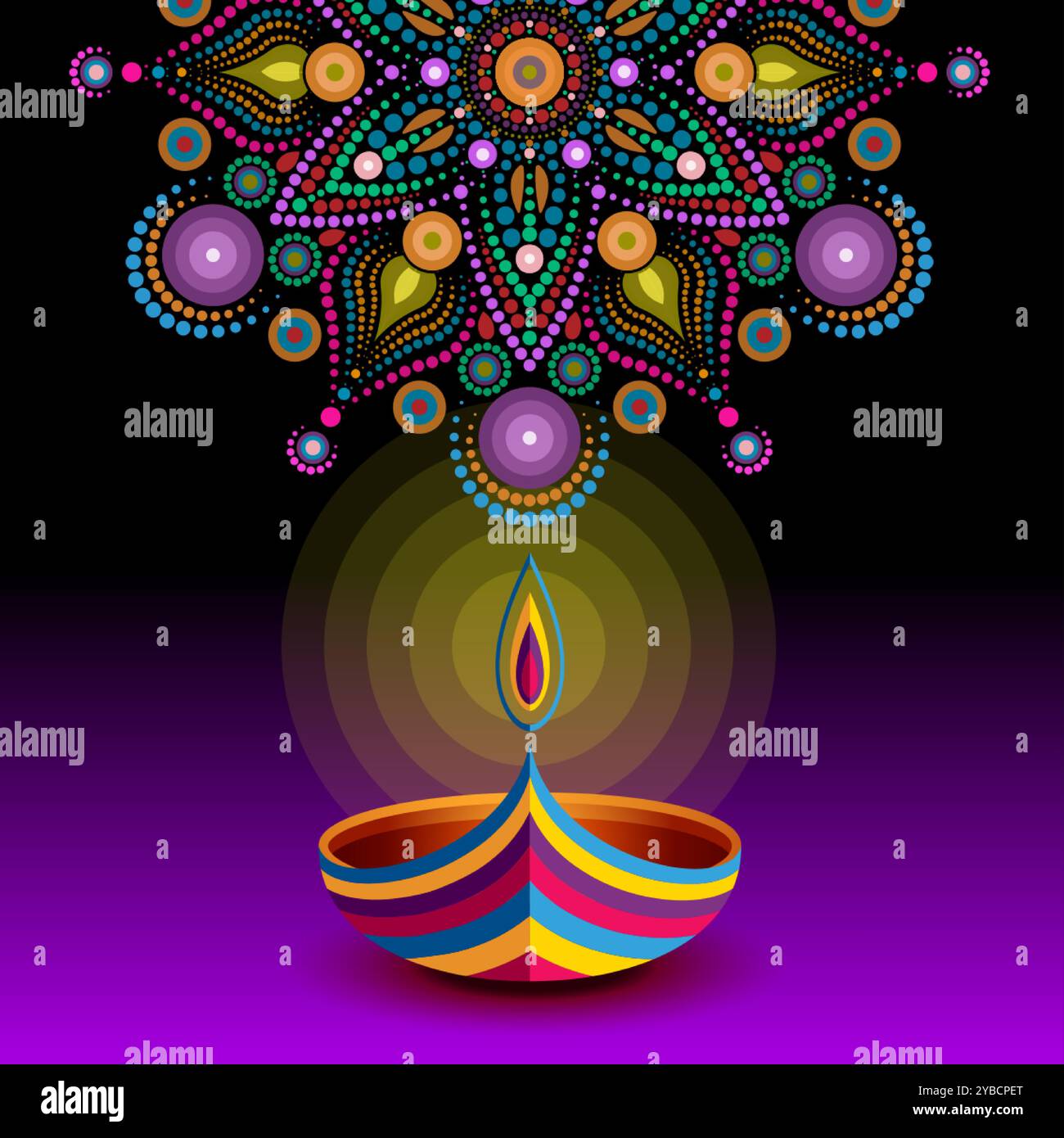 Happy Diwali Festival of Lights India Celebration, Indian Rangoli flower mandala art with Diya ...