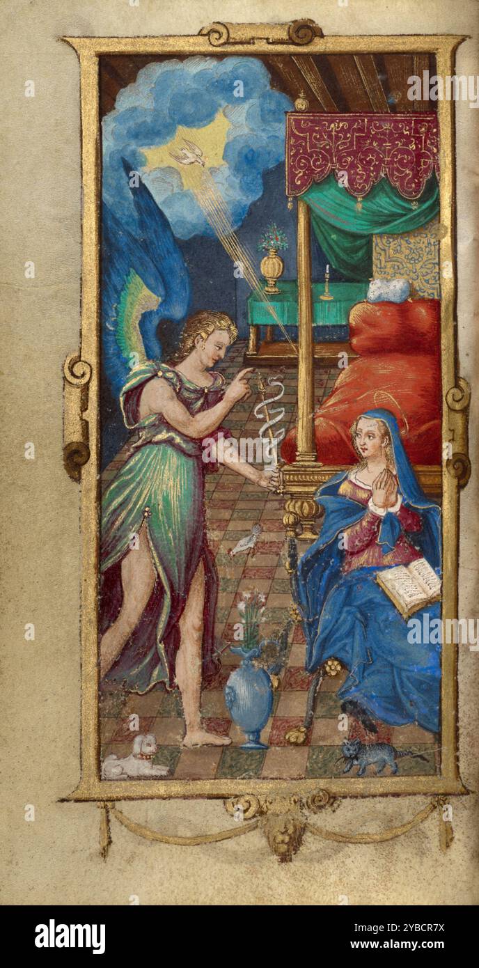 The Annunciation; Book of Hours, 1544. Mary receives the news of her ...