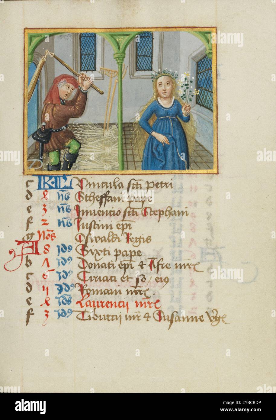 August Calendar Page; Threshing; Virgo; Book of Hours, early 16th ...