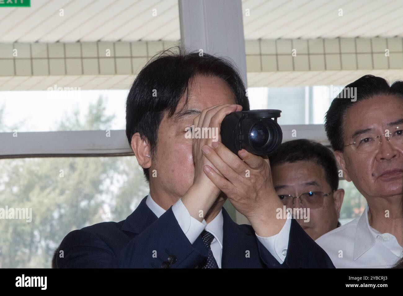 Taiwan President William Lai (Lai Ching-te) inspects equipment during visit to the Coast Guard ...