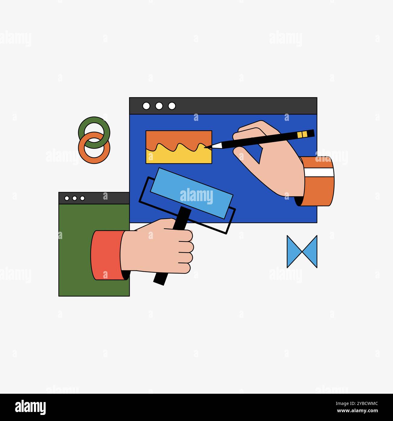 Design Collaboration With Hands Creating Digital Art In Flat Vector ...