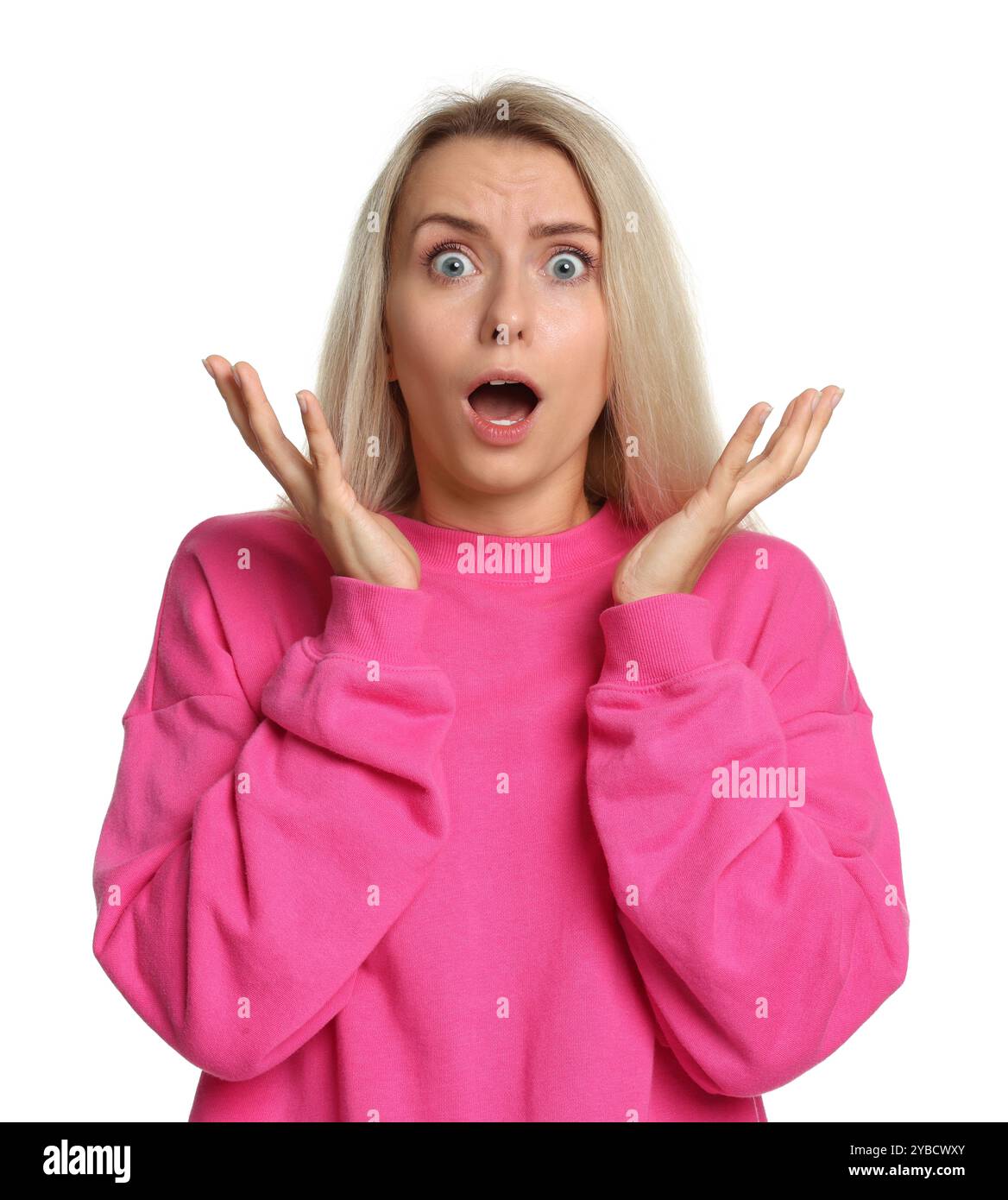 Portrait of scared woman on white background Stock Photo - Alamy