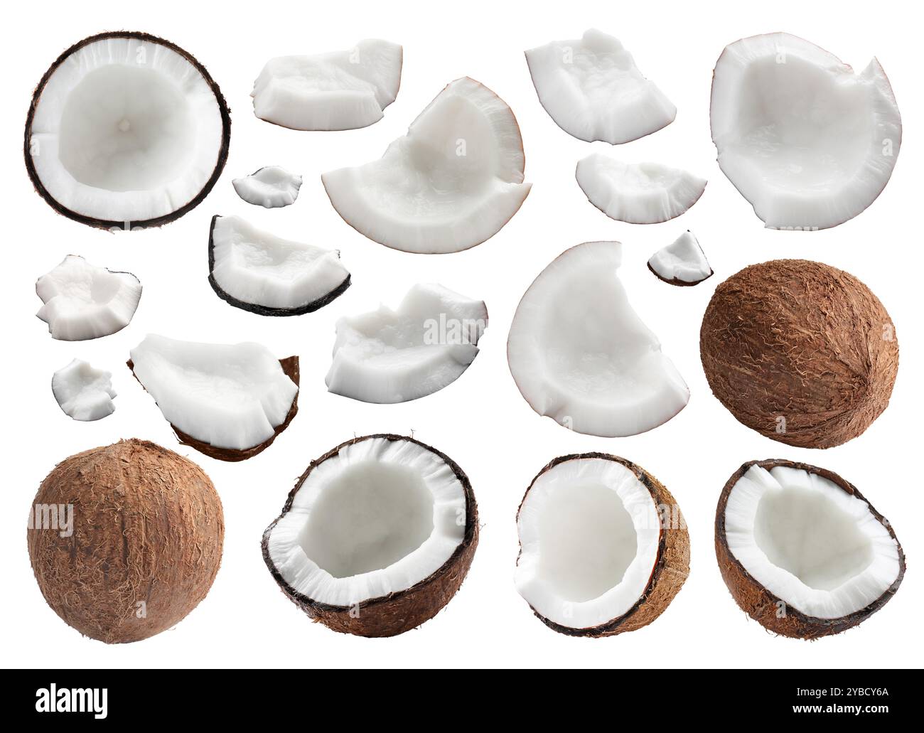 Coconuts isolated on white, collage. Whole and pieces Stock Photo - Alamy