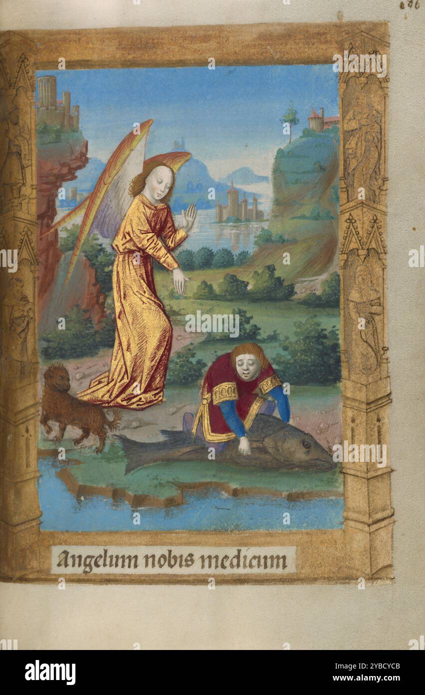 Tobias and the Angel; Book of Hours, 1478. The archangel Raphael with ...