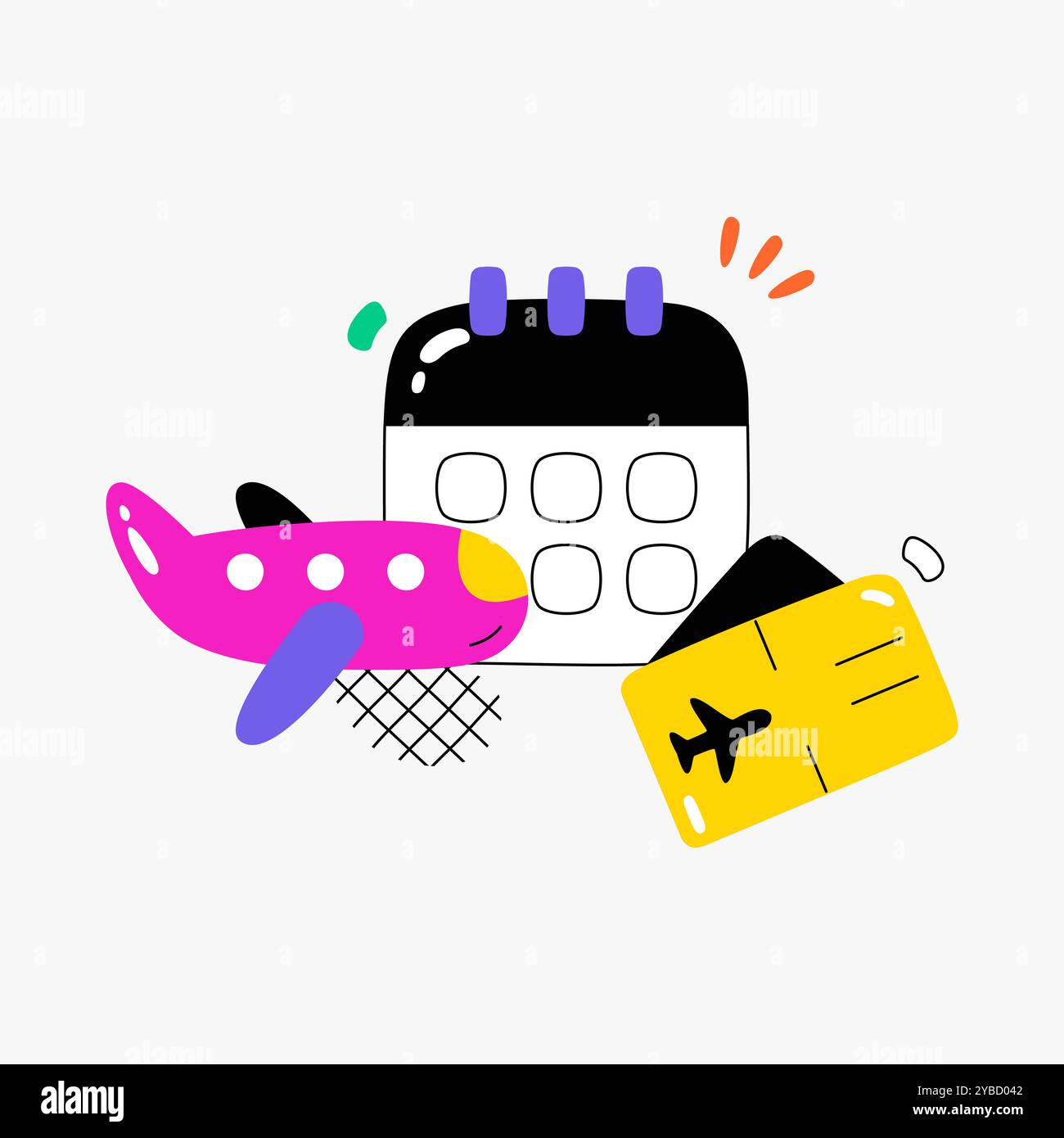 Airplane, Boarding Pass, And Calendar In Flat Vector Illustration ...