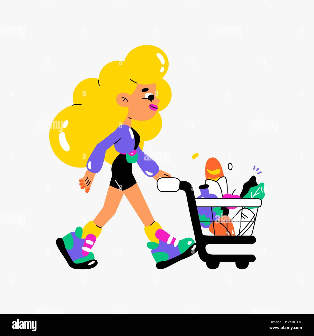 Woman With Shopping Cart Full Of Groceries In Flat Vector Illustration ...