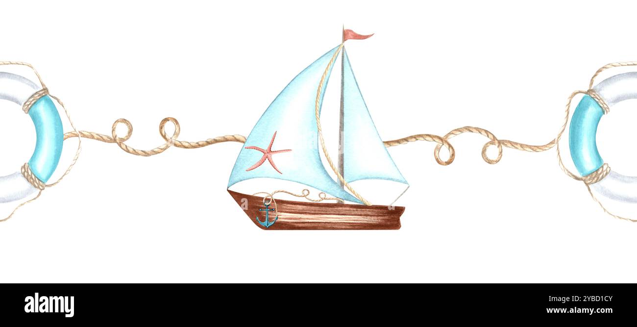 Seamless border from sailboat with lifebuoy and rope. Hand drawn ...