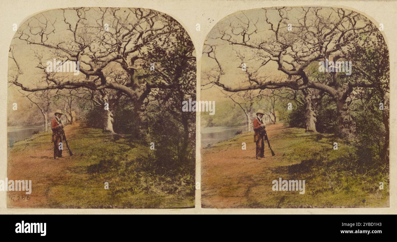 Man in hunting outfit with hat standing, holding shotgun, 1857-1859 Stock Photo - Alamy