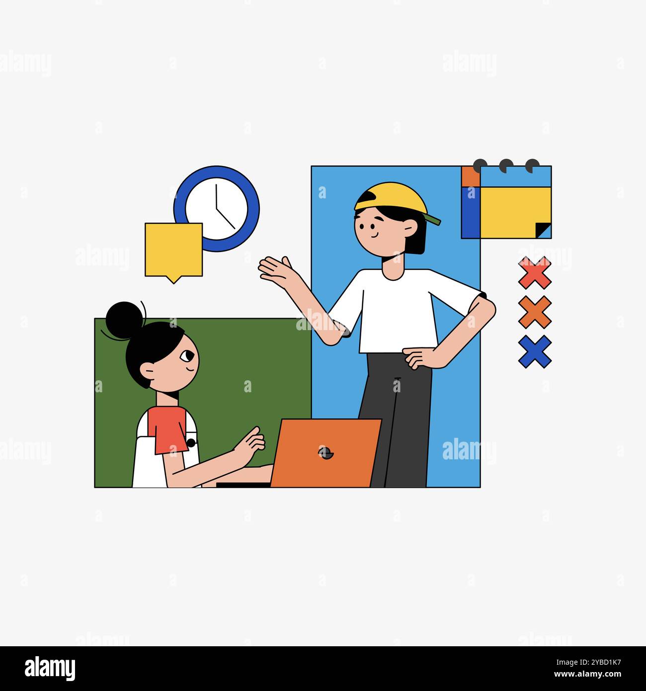 Two Characters Discussing Work Tasks In Flat Vector Illustration ...